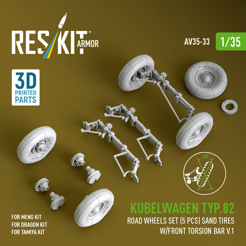 NEW! RES/KIT AV35-0033 Kubelwagen Typ 82 - 3D-Printed Road Wheels Set (5 pcs) with Sand Tires and Front Torsion Bar Volume 1 (for Meng / Dragon and Tamiya Kits)