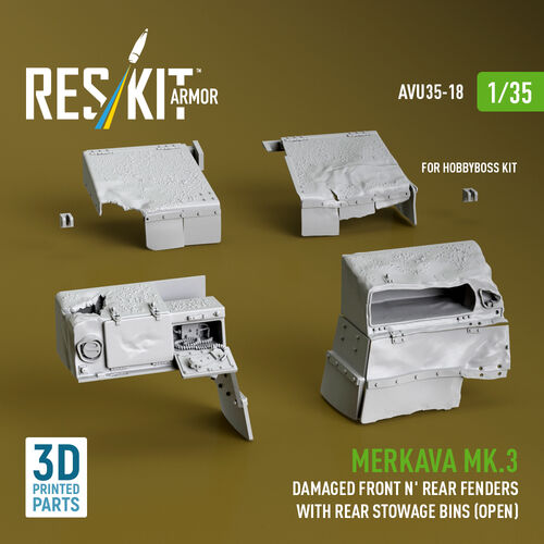 RES/KIT AVU35-0018 Merkava Mk.3 - Damaged Front and Rear Fenders with Rear Stowage Bins OPEN (for Hobby Boss Kits / 3D-Printed)