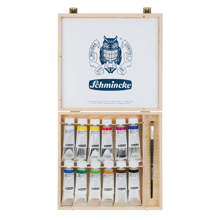 Set akrilnih boja i četkice u drvenoj kutiji Schmincke AKADEMIE 12 x 60 ml