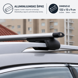 KROVNI NOSAČI ALU ŠIPKE SET 122x13x9CM ZA MODELE AUTOMOBILA SA OTVORENIM KROVNIM ŠINAMA