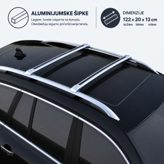 KROVNI NOSAČI ALU ŠIPKE SET 122x20x13CM ZA MODELE AUTOMOBILA SA OTVORENIM ŠINAMA