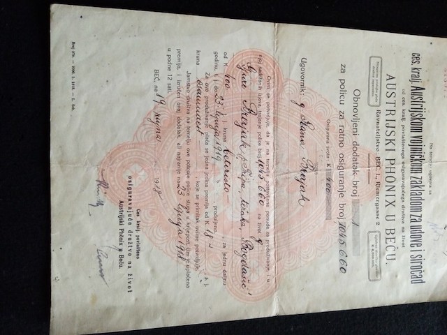 Polisa ratnog osiguranja,AU,1918,Austrijski Phonix
