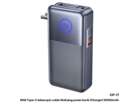 REMAX CP-17 65W sa teleskopskim kablom USB-C 20000mAh Powerbank sivi