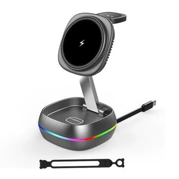 3-IN-1 MAGNETIC WIRELESS CHARGING STATION WITH RGB LIGHT - 15W - GUNMETAL