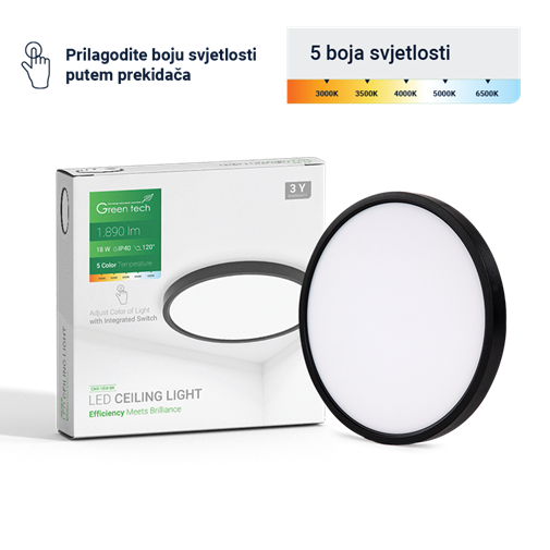 LED PLAFONJERA 18W 3000K-3500K-4000K-5000K-6500K FI22cm 5CCT CRNA GREEN TECH