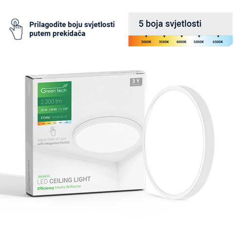 LED PLAFONJERA 20W 3000K-3500K-4000K-5000K-6500K FI30cm 5CCT BELA GREEN TECH