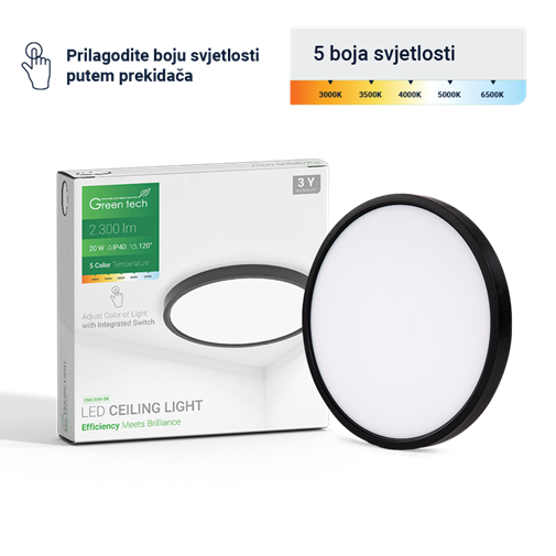 LED PLAFONJERA 20W 3000K-3500K-4000K-5000K-6500K FI30cm 5CCT CRNA GREEN TECH
