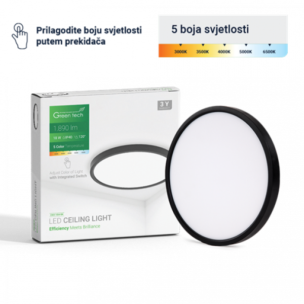 LED PLAFONJERA 18W 3000K-3500K-4000K-5000K-6500K FI22cm 5CCT CRNA GREEN TECH