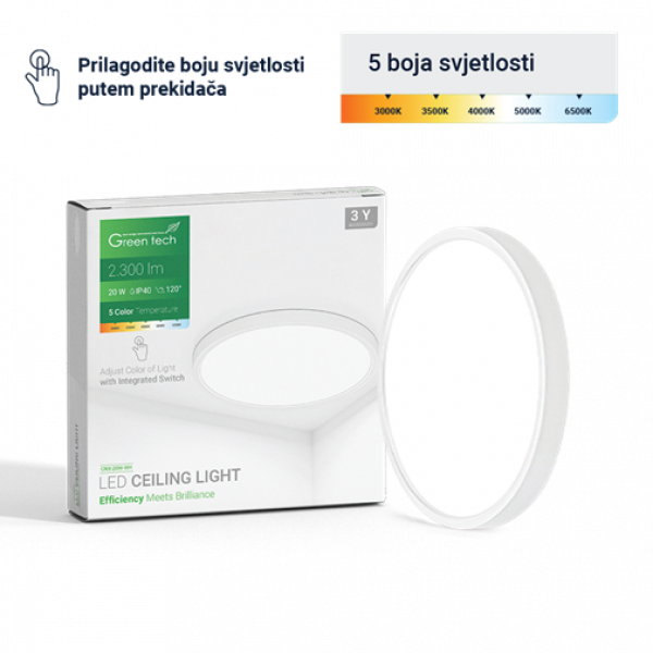 LED PLAFONJERA 20W 3000K-3500K-4000K-5000K-6500K FI30cm 5CCT BELA GREEN TECH