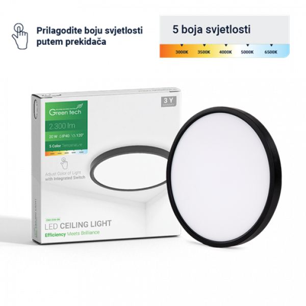LED PLAFONJERA 20W 3000K-3500K-4000K-5000K-6500K FI30cm 5CCT CRNA GREEN TECH