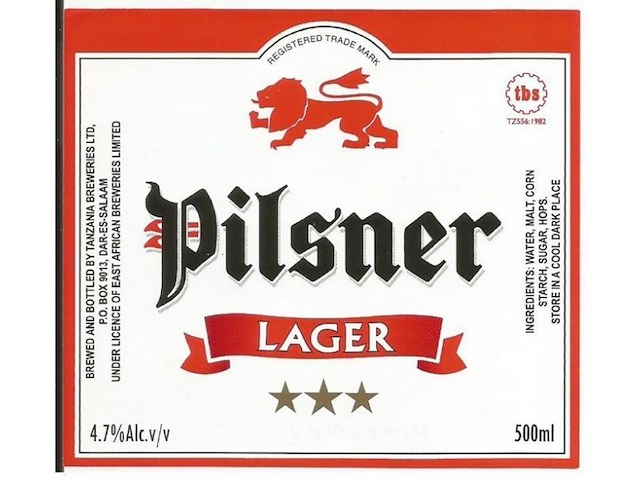 PILSNER LAGER pivska etiketa iz Tanzanije