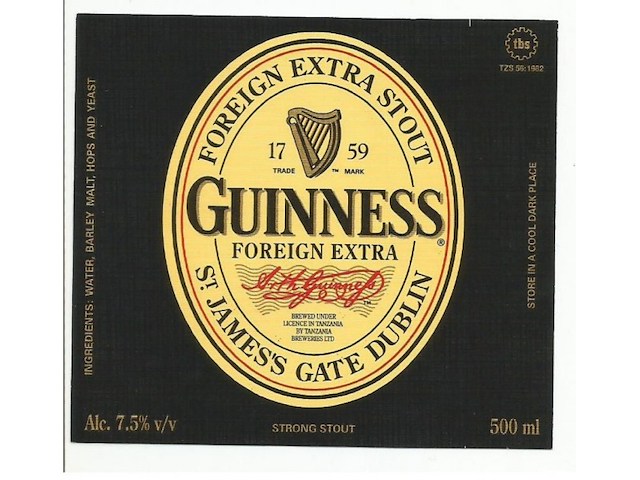 GUINESS pivska etiketa iz Tanzanije