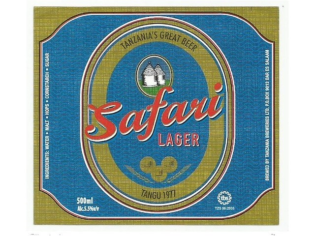 SAFARI LAGER pivska etiketa iz Tanzanije