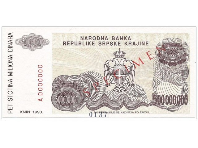 RSK Knin Krajina 500.000.000 dinara 1993. UNC SPECIMEN