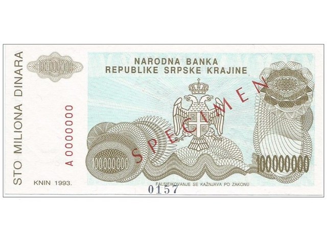 RSK Knin Krajina 100.000.000 dinara 1993. UNC SPECIMEN