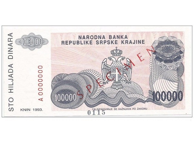 RSK Knin Krajina 100.000 dinara 1993 UNC SPECIMEN