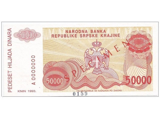 RSK Knin Krajina 50.000 dinara 1993. UNC SPECIMEN