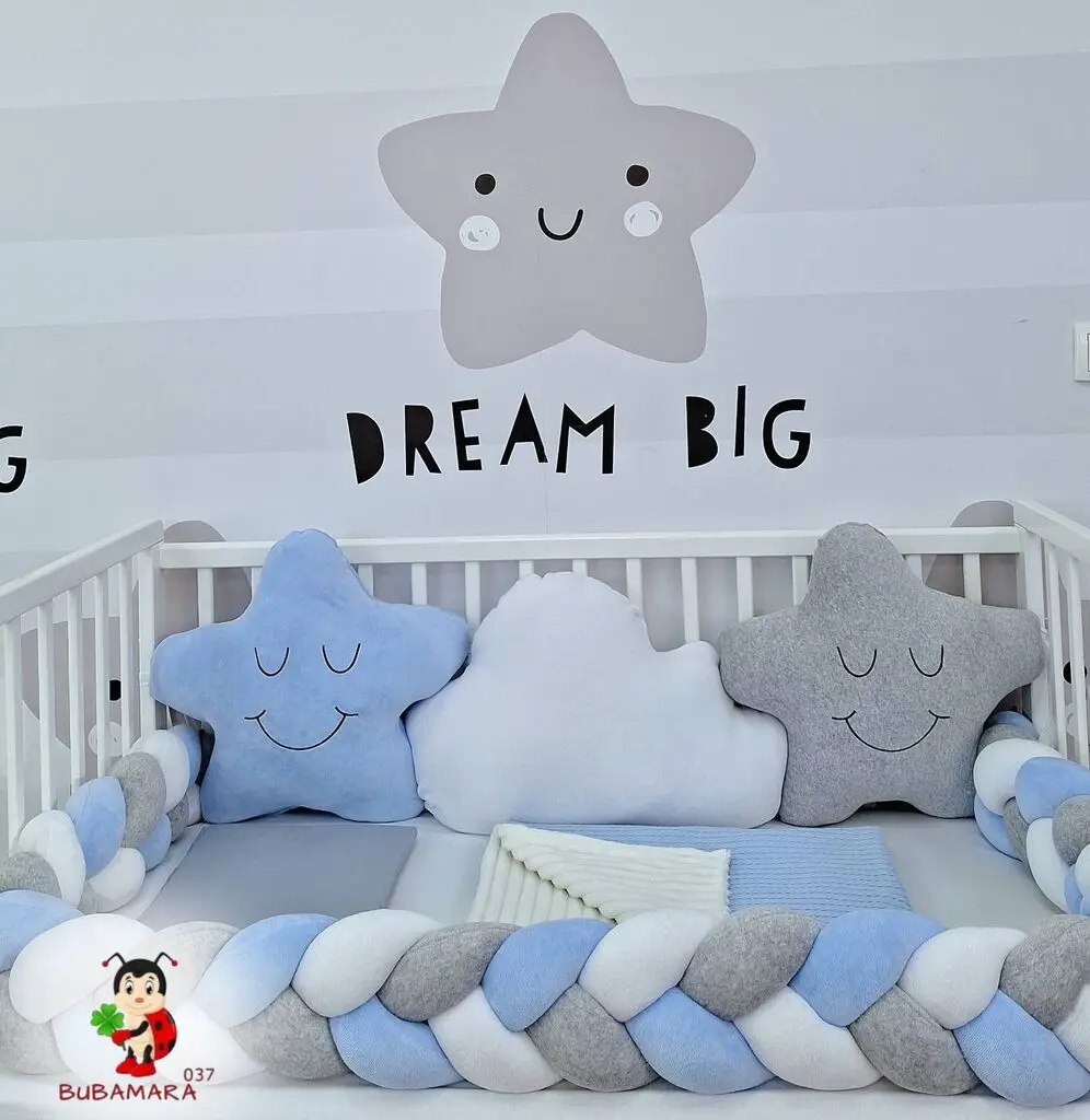 Bubamara037 Set za krevetac sa ogradicom od pletenica, 120x60cm, Plavo-sivi