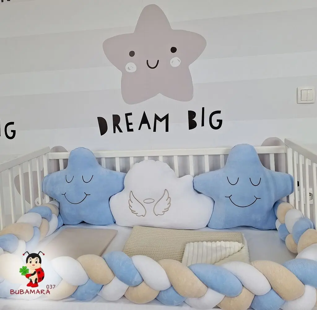 Bubamara037 Set za krevetac sa ogradicom od pletenica, 120x60cm, Bež-plavi
