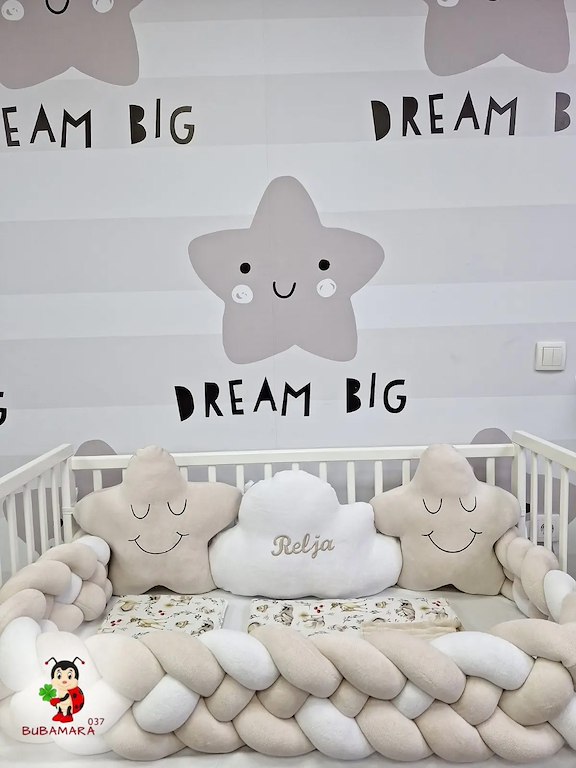 Bubamara037 Set za krevetac sa ogradicom od pletenica, sa lastišom, Krem-Beli