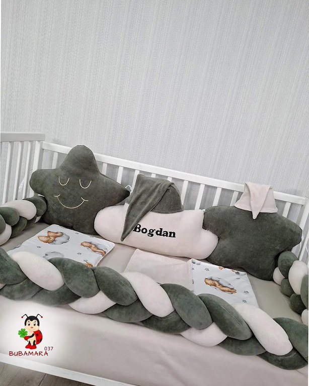 Bubamara037 Set za krevetac sa ogradicom od pletenica, sa lastišom, Krem-Sivi