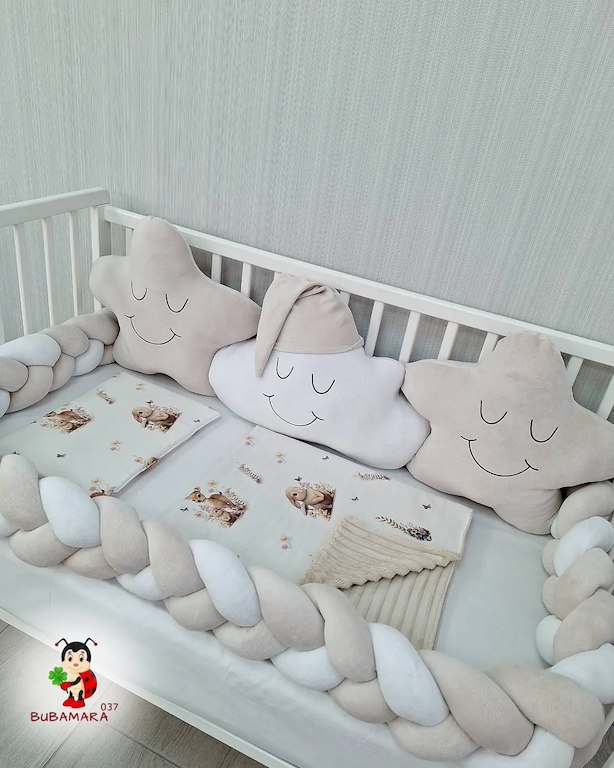 Bubamara037 Set za krevetac sa ogradicom od pletenica, bez lastiša, Krem-Beli