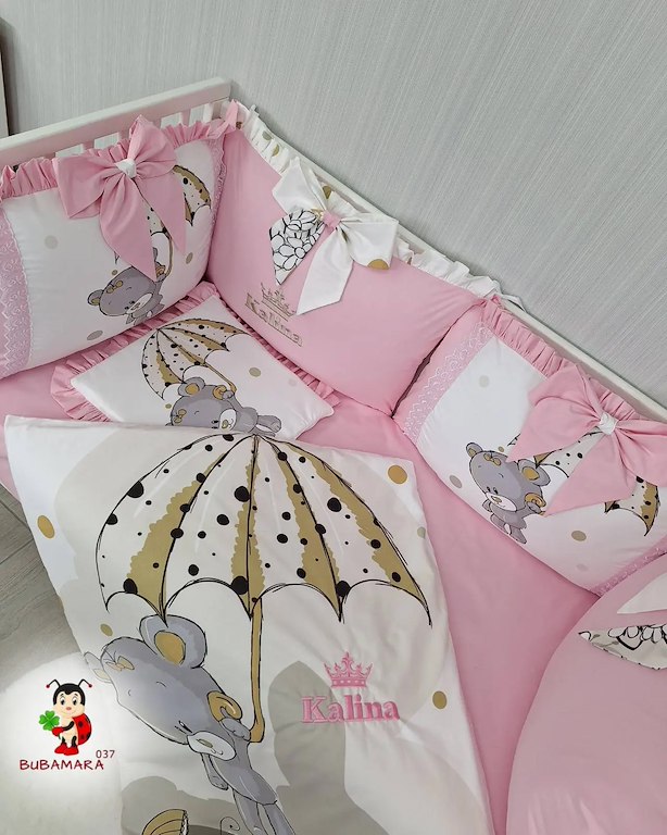 Bubamara037 Set za krevetac sa ogradicom od jastuka sa karnerom Medvedić, sa lastišom, Roze-Beli