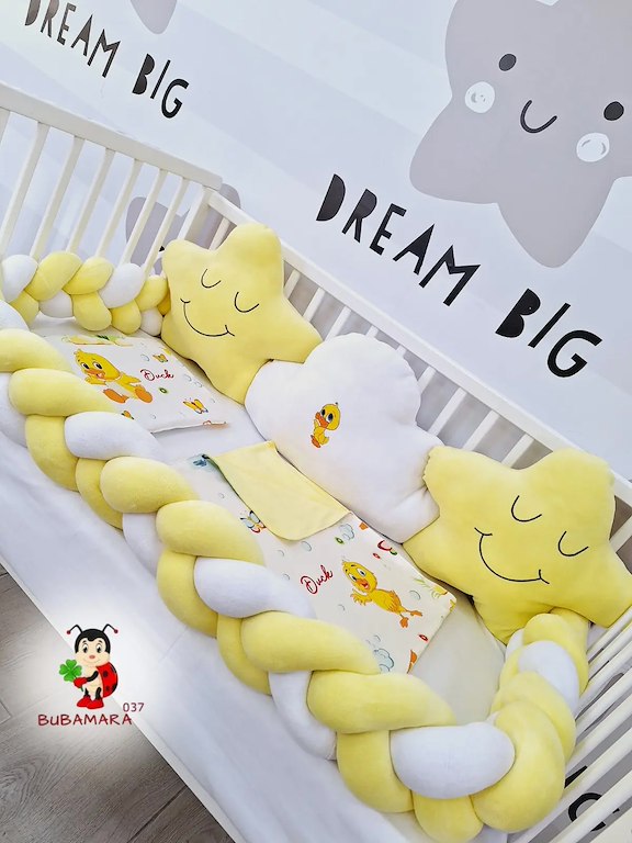 Bubamara037 Set za krevetac sa ogradom od pletenica, Bez lastiša, Žuto-beli