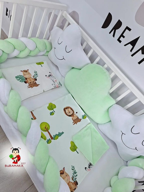 Bubamara037 Set za krevetac sa ogradom od pletenica, Sa lastišem, Zeleno-bela