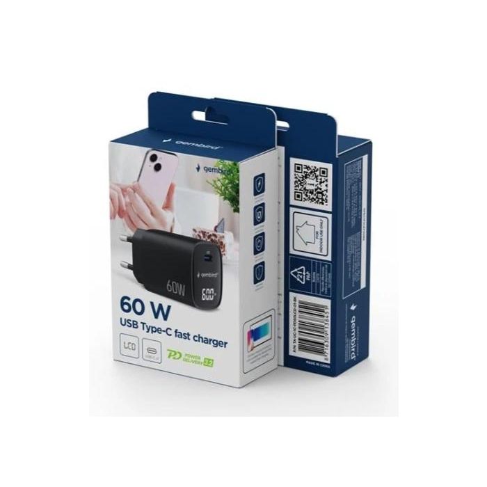 TA-UC-1C-PD60LCD-01-BK Gembird USB punjac 60W USB Type-C fast charger, LCD, black