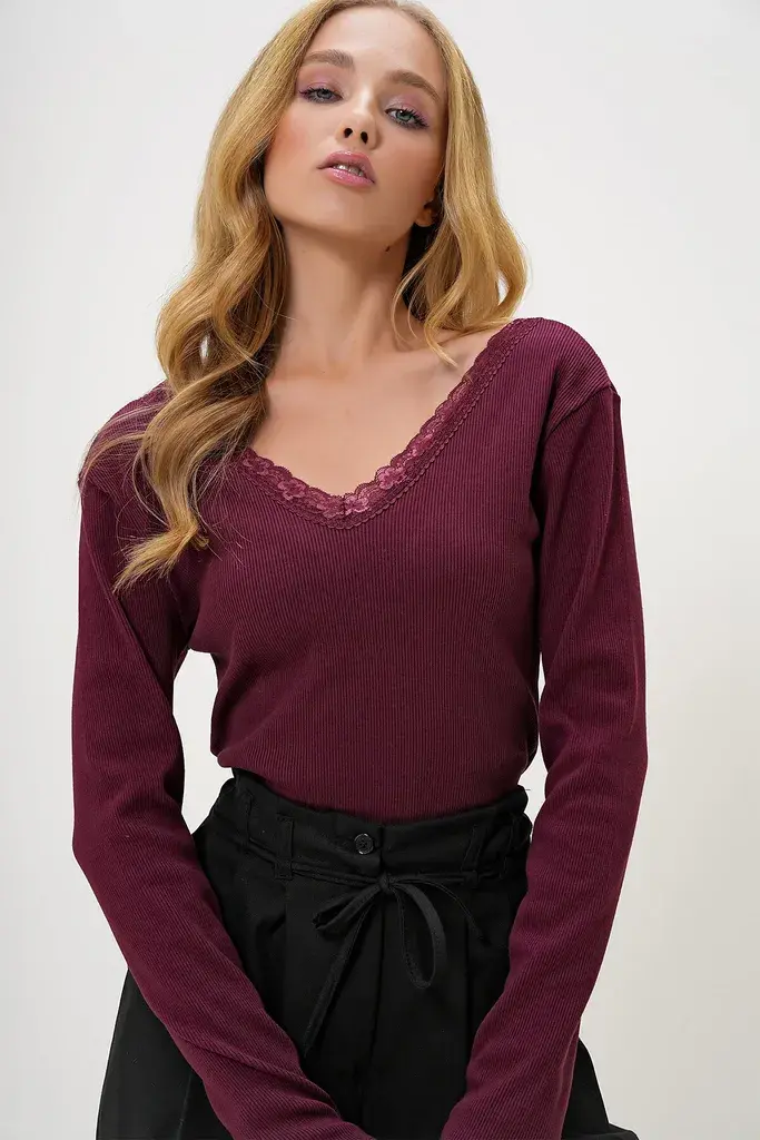 Trend Alacati Stili Ženska bluza dugih rukava ALC-X11246, V-izrez, Ljubičasta