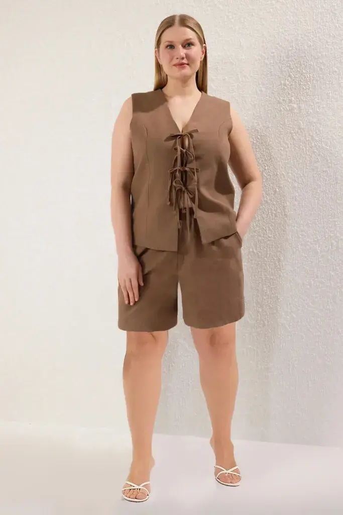 Trendyol Curve Ženski komplet bluza i šorts Tbbss25Cp00028, Braon
