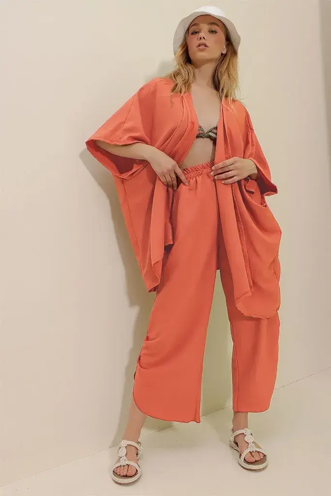 Trend Alacati Stili Ženski komplet kardigan i pantalone ALC-752-001, Narandžasti