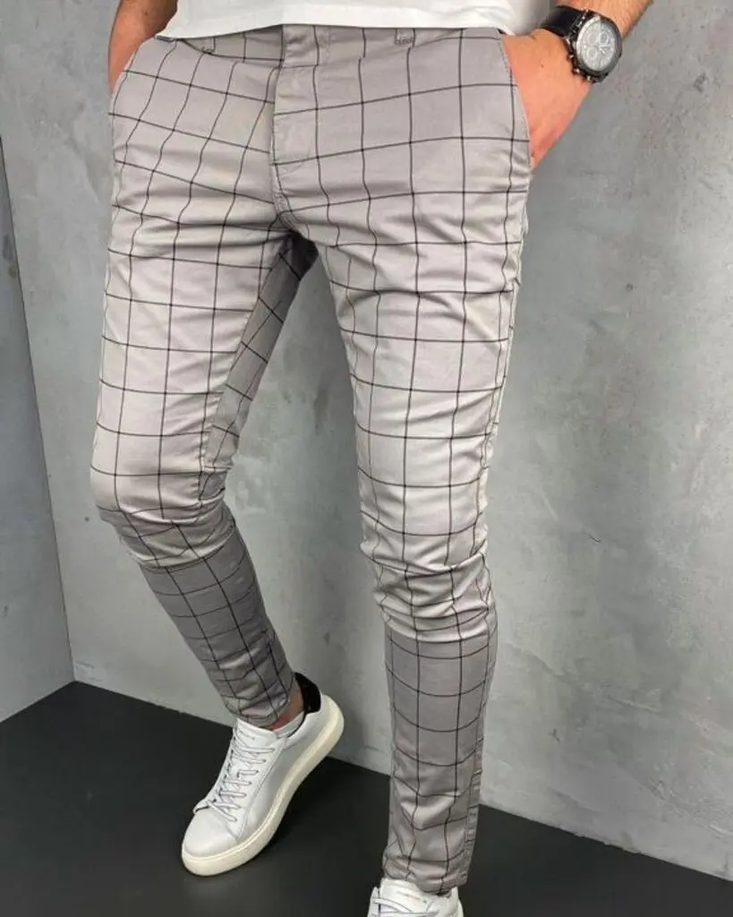 Squareonline Muške karirane pantalone, Slim fit, Svetlosive