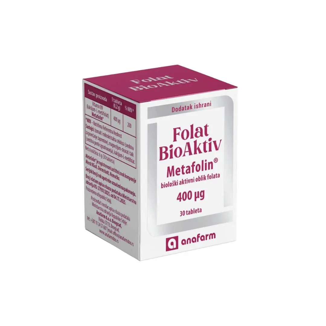Anafarm Tablete Folat BioAktiv Metafolin 400 mcg, 30 tableta