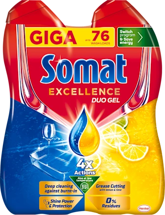 Somat
GIGA EXCELLENCE Grease Cutting duo gel za mašinsko pranje posuđa, 2x684ml, 1.368 ml