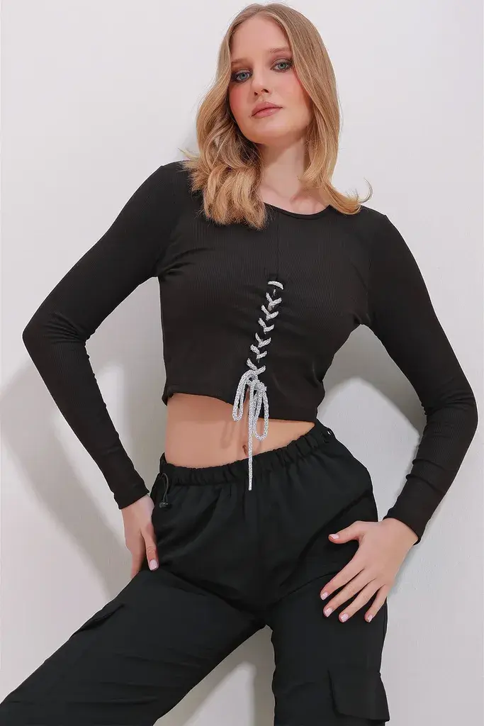 Trend Alacati Stili Ženska bluza dugih rukava ALC-X11498, Okrugli izrez, Crna