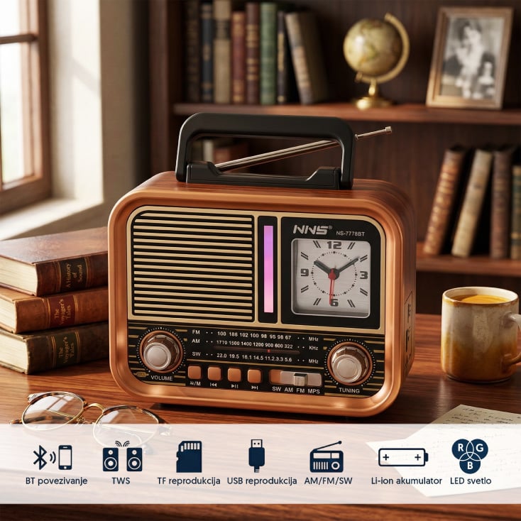 Prenosni retro RGB Bluetooth radio + sat 7778BT