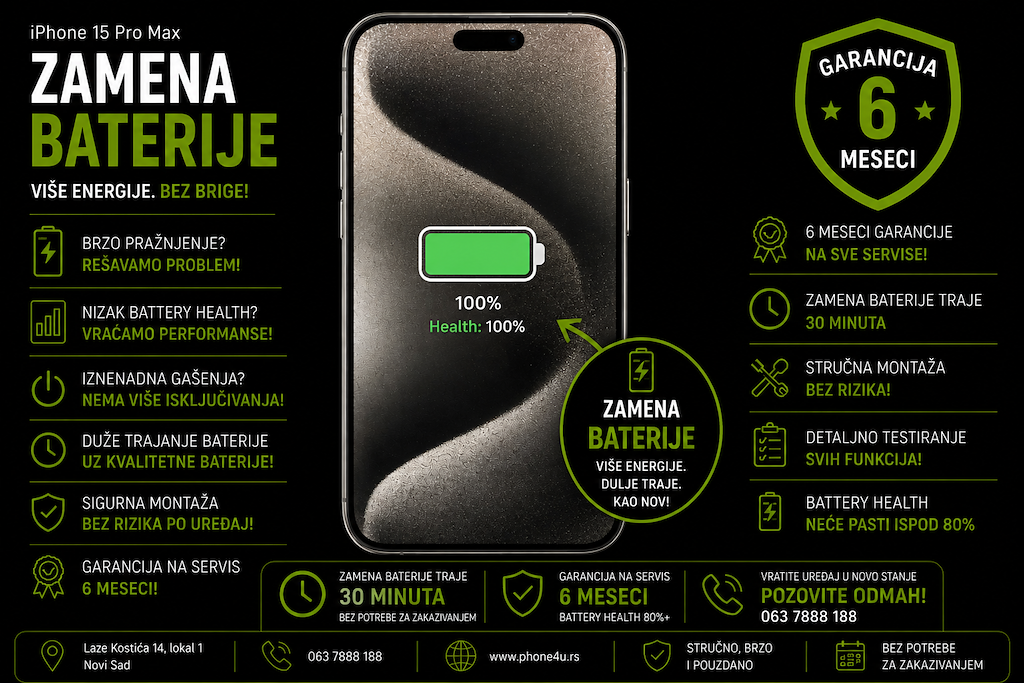 Zamena baterije iPhone 15 Pro Max | Phone4U Novi Sad