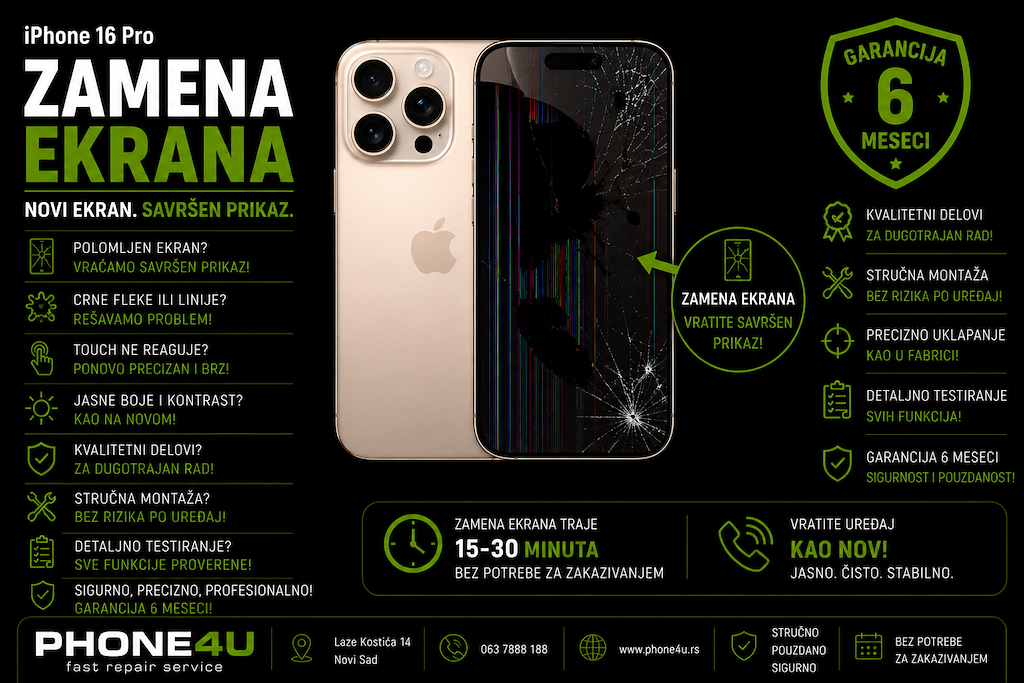 Zamena baterije iPhone 16 Pro | Phone4U Novi Sad