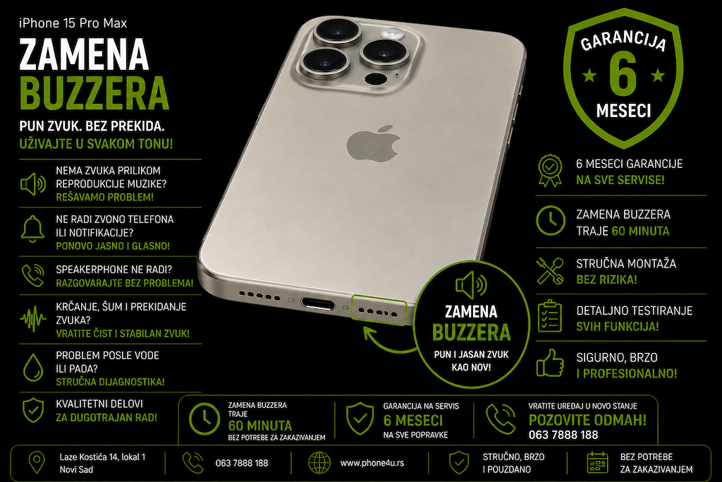 Zamena buzzera iPhone 15 Pro Max | Phone4U Novi Sad