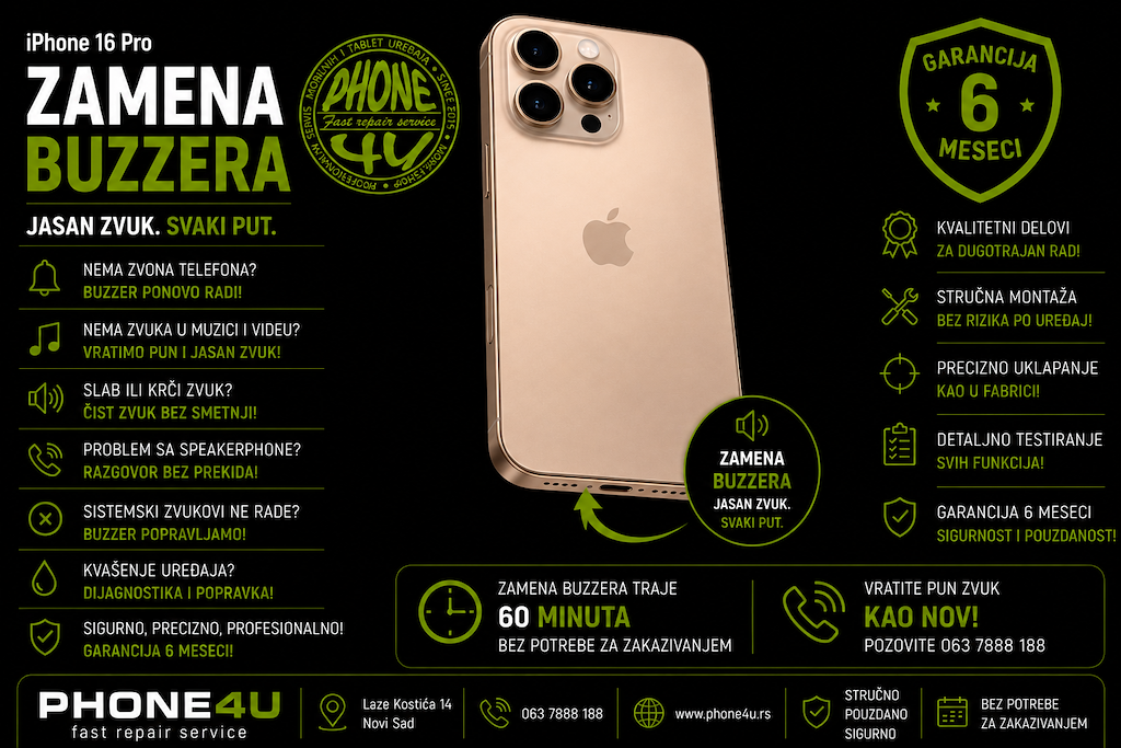 Zamena buzzera iPhone 16 Pro | Phone4U Novi Sad