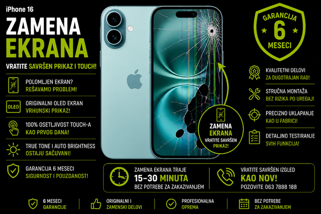 Zamena ekrana iPhone 16 | Phone4U Novi Sad