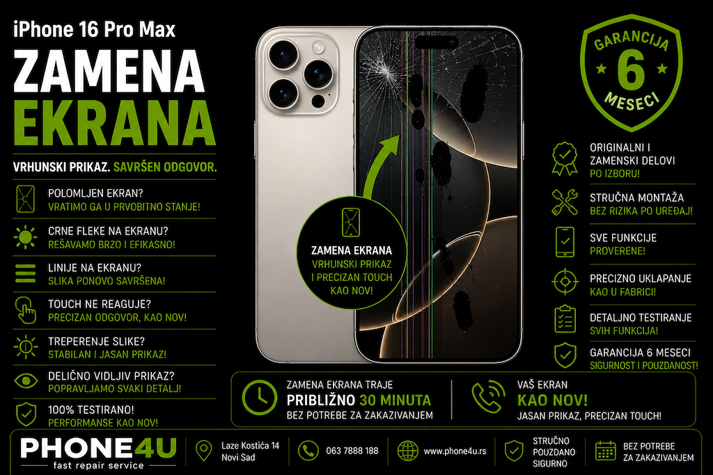 Zamena ekrana iPhone 16 Pro Max | Phone4U Novi Sad