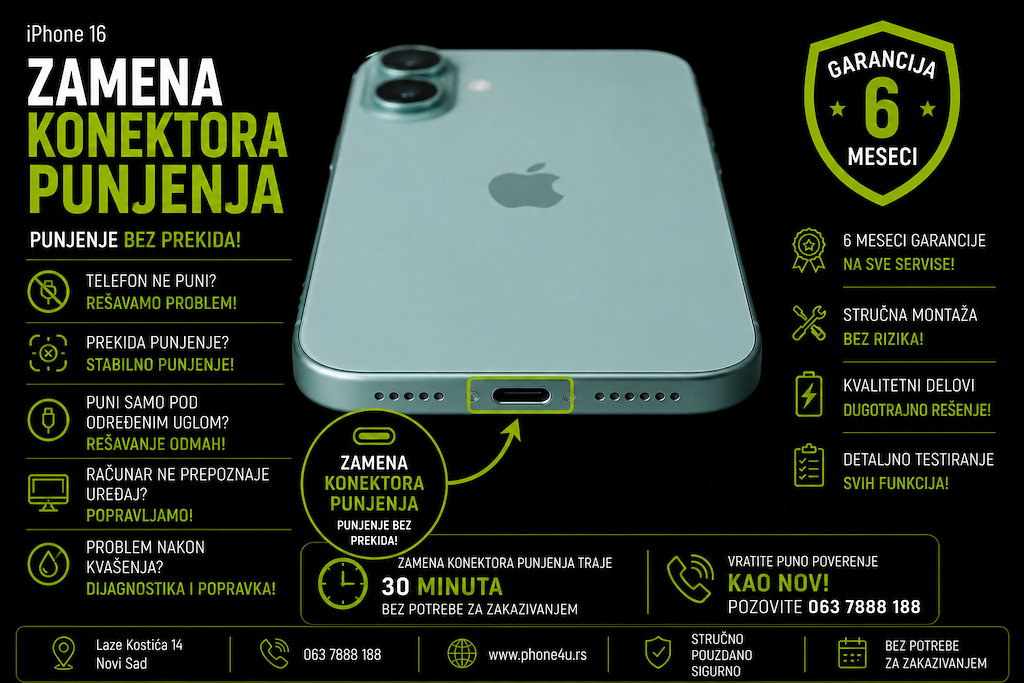 Zamena konektora punjenja iPhone 16 | Phone4U Novi Sad