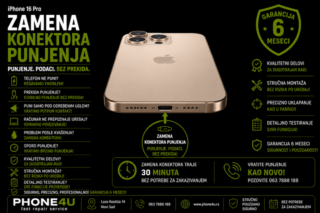 Zamena konektora punjenja iPhone 16 Pro | Phone4U Novi Sad