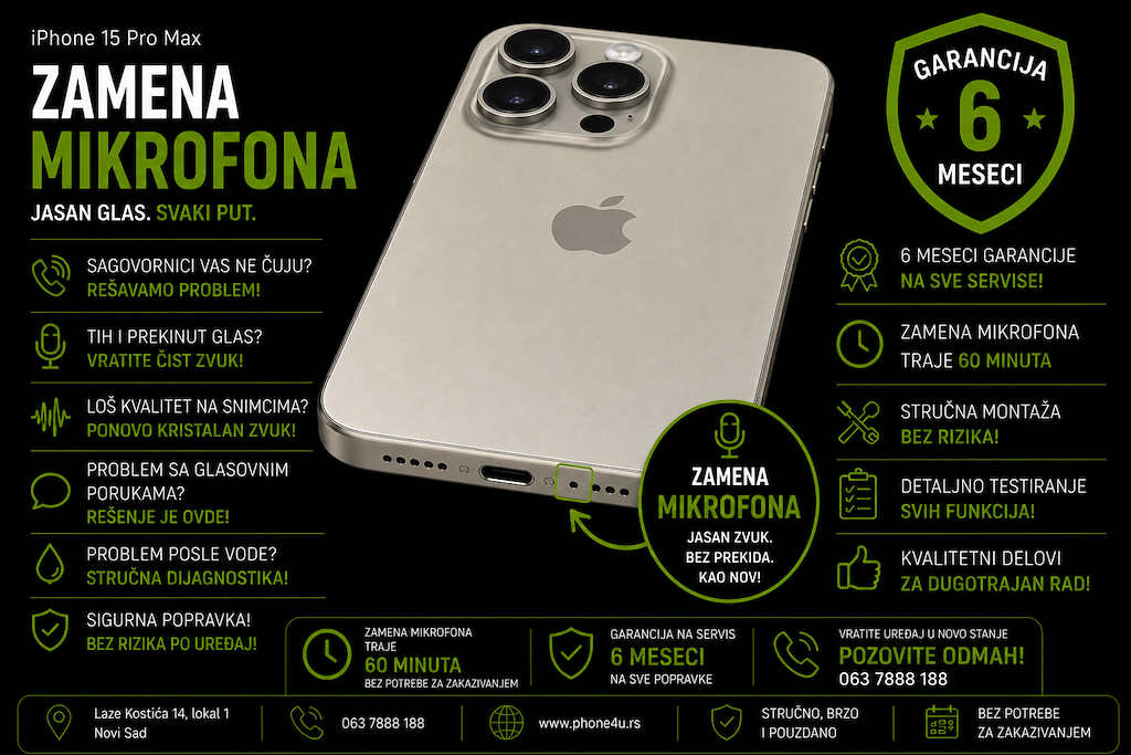 Zamena mikrofona iPhone 15 Pro Max | Phone4U Novi Sad