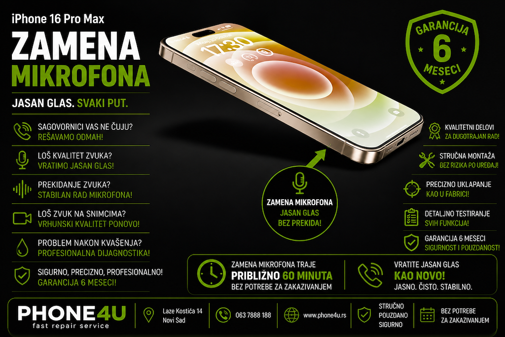 Zamena mikrofona iPhone 16 Pro Max | Phone4U Novi Sad