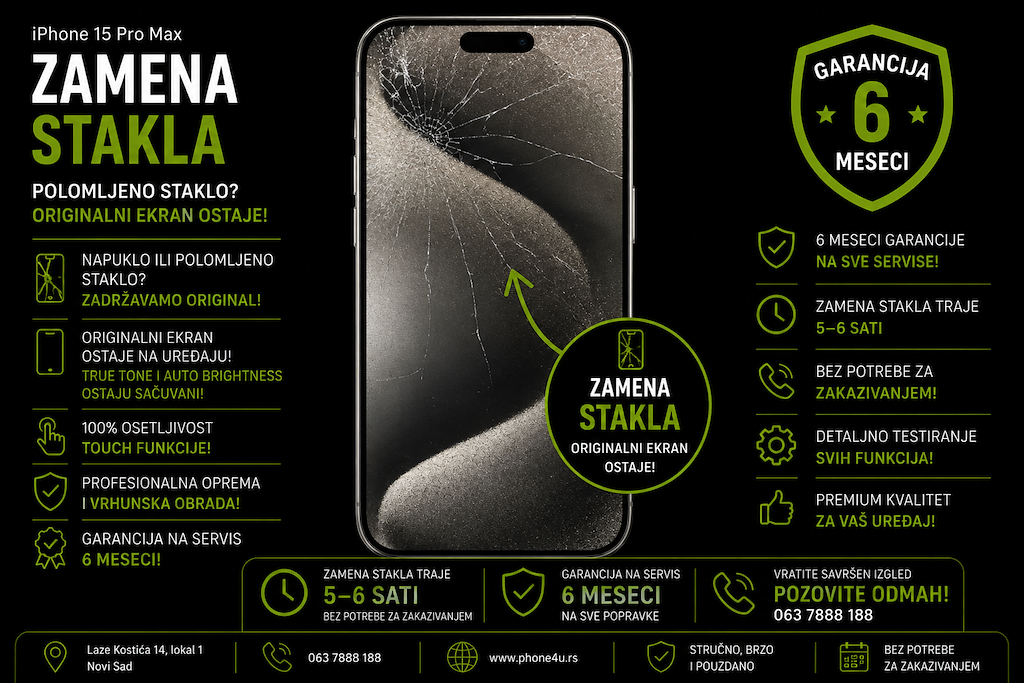 Zamena stakla iPhone 15 Pro Max | Phone4U Novi Sad