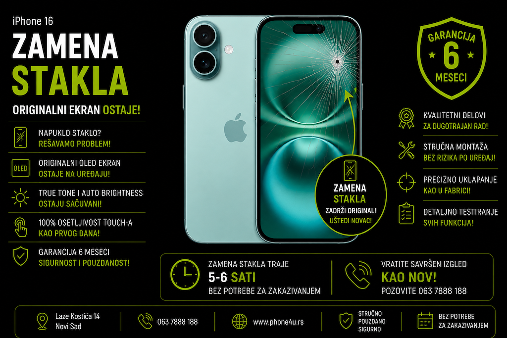 Zamena stakla iPhone 16 | Phone4U Novi Sad